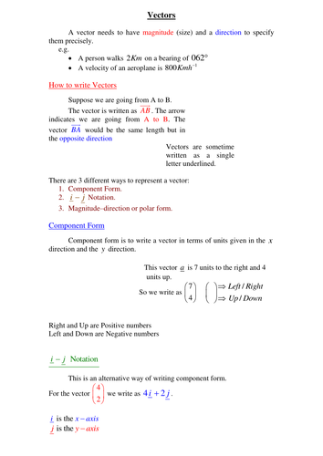Vectors Definitons and Worked Examples | Teaching Resources