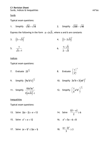 Extra C1 Surds and Indices Revision | Teaching Resources