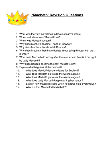 Macbeth: Summary Questions: Post Reading Tasks | Teaching Resources