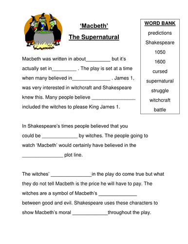 Macbeth: Supernatural - Cloze Activity Worksheet | Teaching Resources