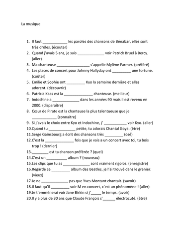 Cloze (topic: la musique) | Teaching Resources