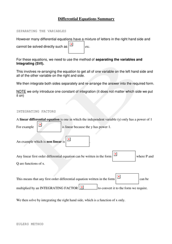 Differential Equations Summary Teaching Resources