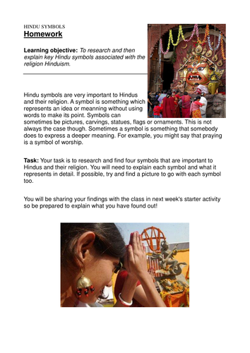 Hinduism: symbolism homework | Teaching Resources