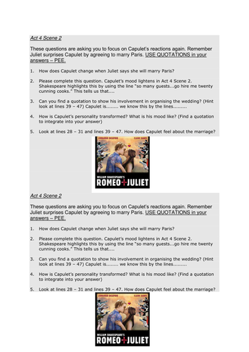 Romeo & Juliet: Questions Worksheet: Act 4 Scene 2 | Teaching Resources