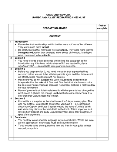 Romeo & Juliet: Essay Drafting Checklist Worksheet | Teaching Resources