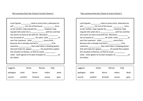Romeo & Juliet: Cloze Activity Worksheet 3.5 - 4.2 | Teaching Resources