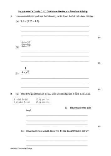 So You Want a Grade C - Calculator Methods | Teaching Resources