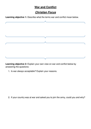 War and Conflict tasksheet- Christian focus | Teaching Resources