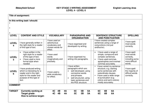 Pupil-friendly writing assessment chart lev 4 - 6 | Teaching Resources