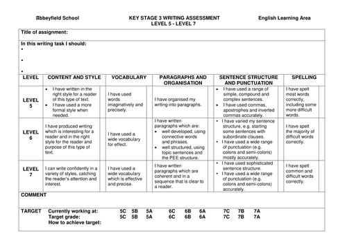 Pupil-friendly writing assessment chart lev 5 - 7 | Teaching Resources