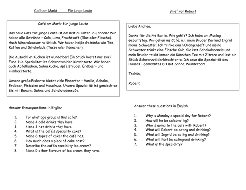 At the cafe Reading Tasks | Teaching Resources