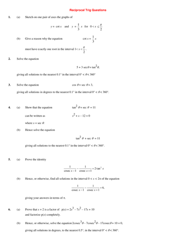 Reciprocal Trigonometric Functions Teaching Resources