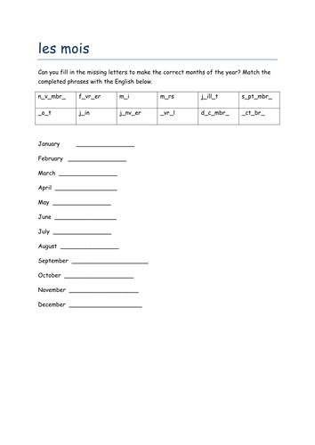 les mois missing letters | Teaching Resources