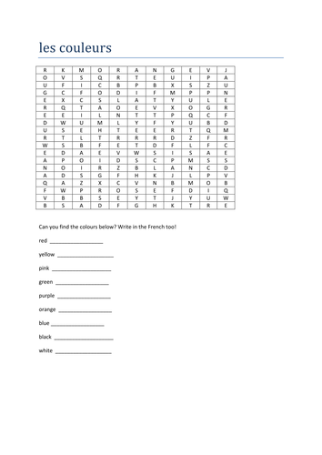 les couleurs wordsearch | Teaching Resources