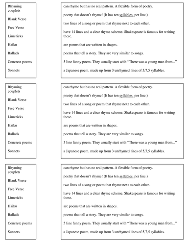 Introduction to poetry - match up activity | Teaching Resources