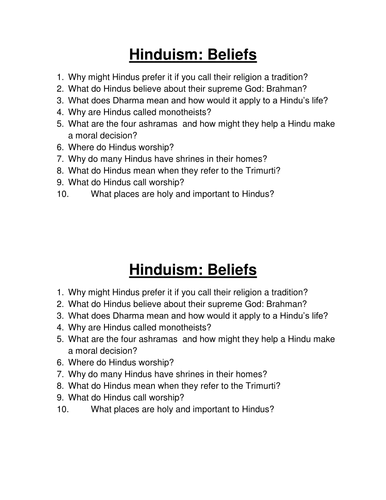 Hinduism: basic quick fire questions on beliefs | Teaching Resources