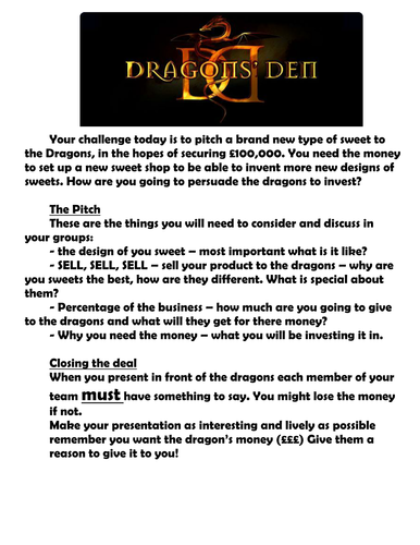 Dragon's Den - sweet pitch - BOY - DAHL | Teaching Resources