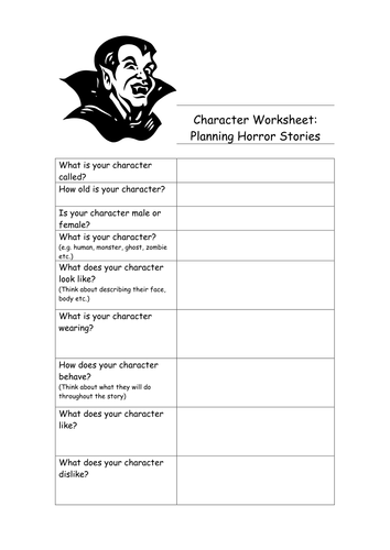 Horror Story Character Planning Worksheet | Teaching Resources