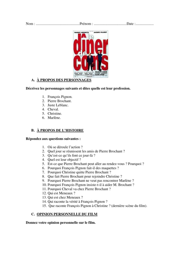 Le dîner des cons (film de Francis Verber) | Teaching Resources