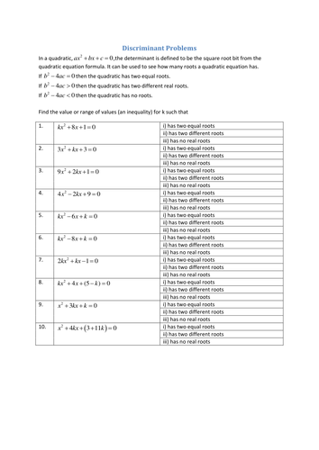 C1 W/S Discriminant problems | Teaching Resources