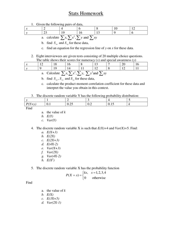 S1 HW Revision of correlation/regression/drv | Teaching Resources