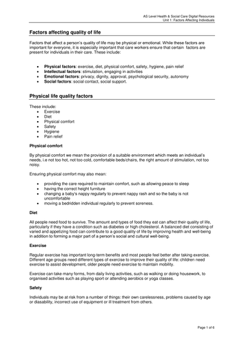 Factors Affecting Quality of Life | Teaching Resources