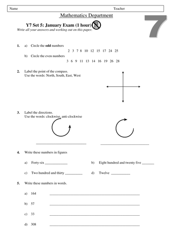Y7 Set 5 test January | Teaching Resources