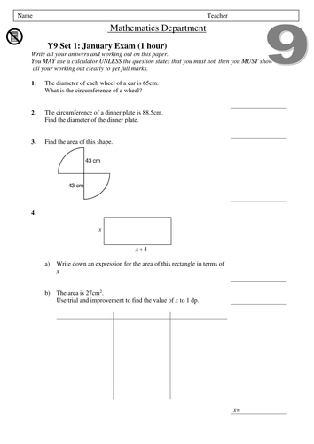 Y9 set 1 test January | Teaching Resources