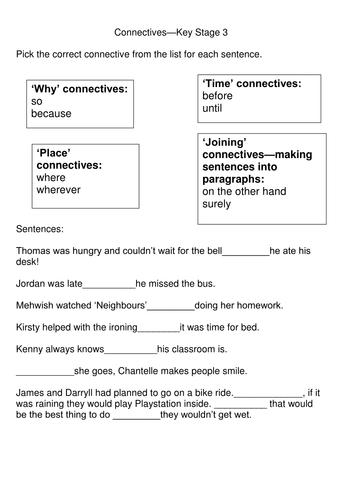 Key Stage 3 Connective Starter Worksheet | Teaching Resources