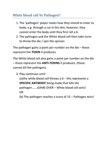 Pathogen Vs White Blood Cell Game Instructions | Teaching Resources
