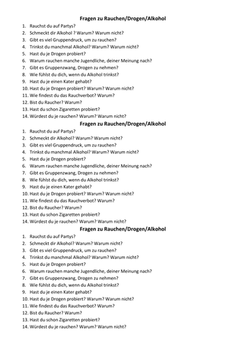 Rauchen-Alkohol-Drogen questions | Teaching Resources