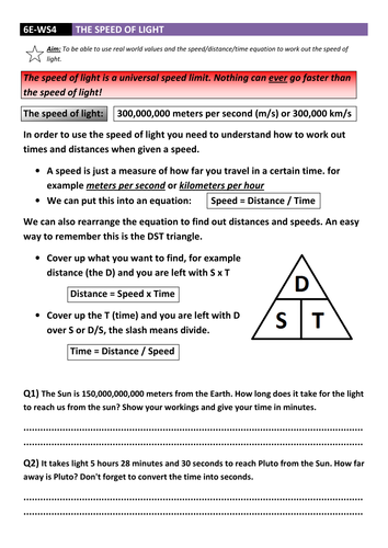Speed of Light Worksheet DCJSSS | Teaching Resources