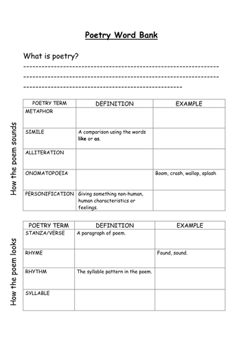 Poetry terms bank | Teaching Resources