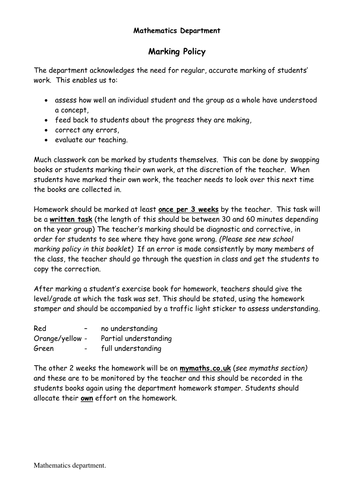 Mathematics department Marking policy example | Teaching Resources