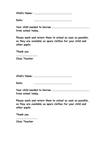 Change of clothes letter | Teaching Resources