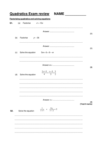 GCSE Maths Quadratics Exam Review Unit 3 H AQA | Teaching Resources