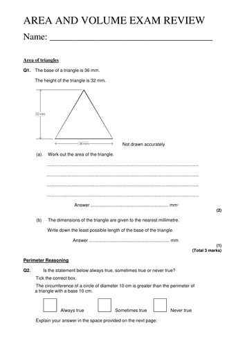 Area and Volume Exam Review Unit 3 H AQA | Teaching Resources