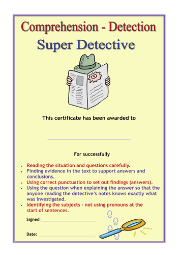 Comprehension Detective - Certificate | Teaching Resources
