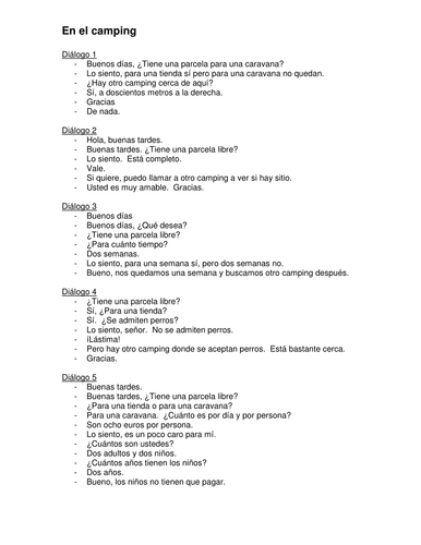 Los dialogos del camping reading task | Teaching Resources