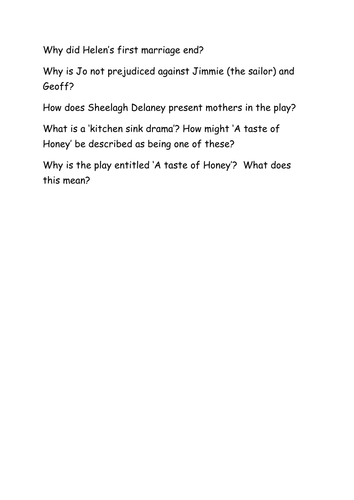 General questions on 'A taste of Honey' | Teaching Resources