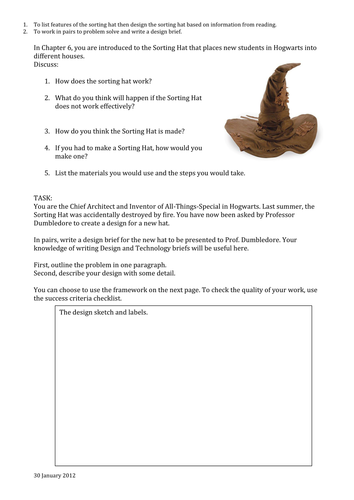Design Brief for Harry Potter: Sorting Hat | Teaching Resources