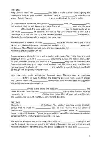 Macbeth Plot Cloze Exercise by MissRathor - Teaching Resources - Tes