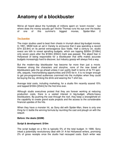 Anatomy Of A BlockBuster Worksheet | Teaching Resources