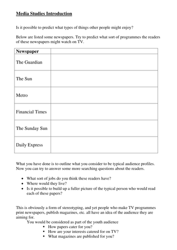 Media Studies; NewsPaper, audience and Cost sheet | Teaching Resources