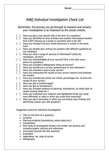 WBQ Welsh Bac Individual Investigation Check List | Teaching Resources