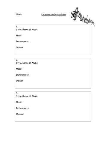 Music listening and appraising activity. | Teaching Resources