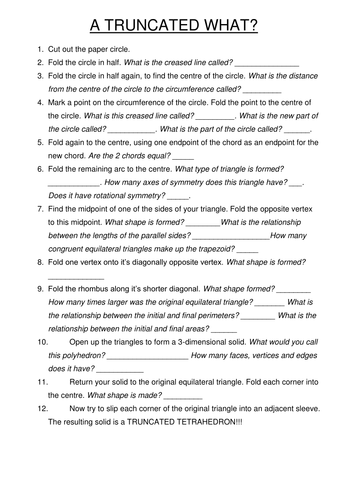 PAPER FOLDING - a truncated what? | Teaching Resources