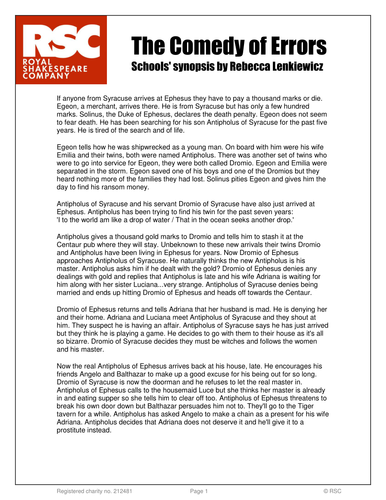 The Comedy of Errors Schools' Synopsis | Teaching Resources