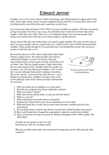Jenner and vaccination worksheet | Teaching Resources