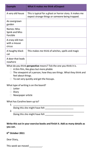 Coraline Diary Entry Middle Ability Help Sheet | Teaching Resources